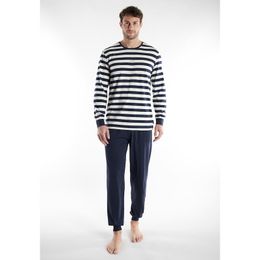 Tom Tailor Herren Tom Tailor Schlafanzug &raquo;Milos&laquo; 2 tlg. Langarm, Rundhalsausschnitt, gestreift, basic, Baumwolle blau 50 (M)