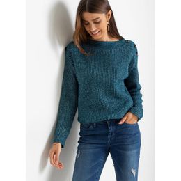 bonprix Damen bonprix Strickpullover &raquo;Pullover mit Kn&ouml;pfen&laquo; in Melange-Optik, leicht &uuml;berschnittene Schultern mit Knopfverzierung blau 52/54 (XXL)
