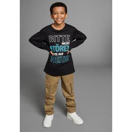 Kidsworld Jungen Kidsworld Langarmshirt &raquo;Bitte nicht st&ouml;ren...&laquo; Langarm, Basic-Passform, bedruckt, Rundhalsausschnitt schwarz 128/134