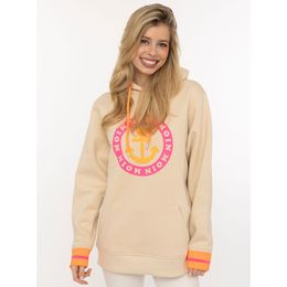 Zwillingsherz Damen Hoodie, Langarm, Kapuze, Neon-Details, Kordelzug, Frontprint, K&auml;ngurutasche beige S/M