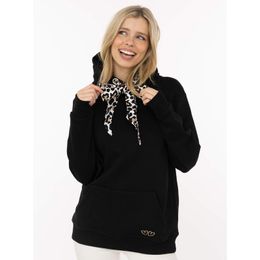 Zwillingsherz Damen Hoodie &raquo;"Leo Schleife"&laquo;, unifarben, Leomuster-Band an Kapuze vielseitig bind bar, K&auml;ngurutasche schwarz L/XL