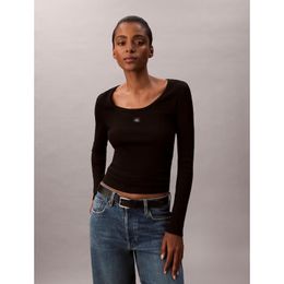 Calvin Klein Jeans Damen Langarmshirt &raquo;LS WOVEN LABEL 2X2 RIB SCOOP NEC&laquo; Mit Rundhalsausschnitt, regular fit schwarz XS (36)