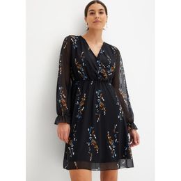 bonprix Damen bonprix Minikleid mit langem Arm, V-Ausschnitt, Wickel-Optik, mit floralem Print schwarz 32/34 (XS), N-Gr