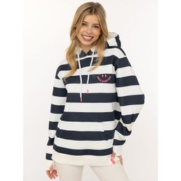 Zwillingsherz Damen Hoodie &raquo;"Streifen Smile Everyday"&laquo;, Blockstreifen, pinke Stickerei, K&auml;ngurutasche, Kapuze schwarz-wei&szlig; L/XL