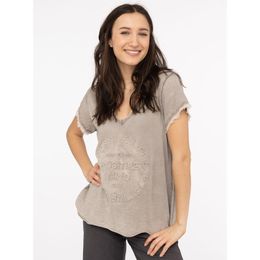 Zwillingsherz Damen T-Shirt &raquo;"Positive Mind"&laquo; V-Ausschnitt, Kurzarm, Used-Look, Baumwolle, ausgefranste Kanten grau S/M