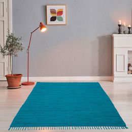 Theko Teppich &raquo;Happy Cotton Fleckerl, handgewebt&laquo; rechteckig 5 mm H&ouml;he Flachgewebe, reine Baumwolle, meliert, mit Fransen, auch als L&auml;ufer blau 