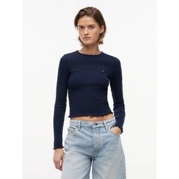Tommy Jeans Damen Langarmshirt &raquo;TJW SLIM SH LETTUCE EDGE RIB LS&laquo; mit gerippter Struktur, gewellter Saum blau XL (46)