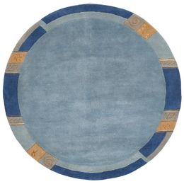 LUXOR living Wollteppich &raquo;India&laquo; rund 20 mm H&ouml;he reine Wolle, handgekn&uuml;pft, mit Bord&uuml;re blau Wolle &Oslash; 150cm 1 Stk., 20mm, &Oslash; 150cm