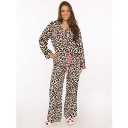 Zwillingsherz Damen Pyjama &raquo;Cozy Leo&laquo; Leo-Muster, Oberteil mit Kn&ouml;pfen, Hose mit elastischem Bund S/M