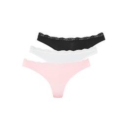 Lascana Damen Lascana String 3er-Pack, aus elastischer Baumwolle mit zarter Spitze bunt 36/38