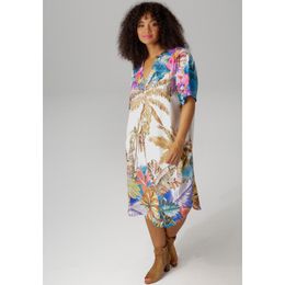 Aniston Plus Damen Aniston PLUS Blusenkleid mit farbenfrohem, gro&szlig;fl&auml;chigem Palmendruck bunt 54, N-Gr