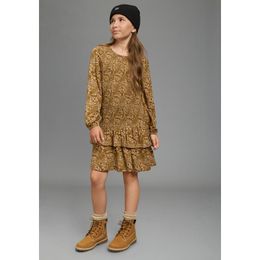 Bruno Banani Kinder Smokkleid &raquo;Viskose-Kleid in Allover-Design und Smoke-Effekt&laquo; Weichfallendes Viskose-Kleid f&uuml;r M&auml;dchen, kniefrei, mit Volants beige