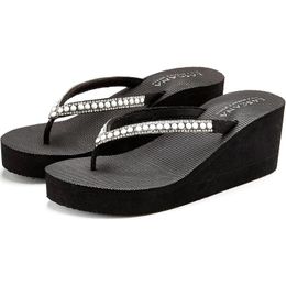 Lascana Damen Lascana Badezehentrenner &raquo;Sandale, Badeschuh, Pantolette, Badelatsche, Flip Flop&laquo; Zehentrenner mit Keilabsatz und Perlen VEGAN schwarz 