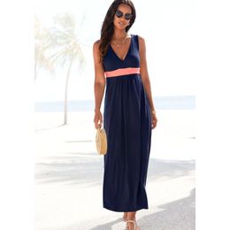 Lascana Damen Lascana Maxikleid &raquo;mit farbigem Einsatz und V-Ausschnitt&laquo; Ohne Taschen Legeres Sommerkleid, Strandkleid, luftiges Jerseykleid bunt 38, N