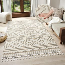 OTTO home Teppich &raquo;Bonvo&laquo; rechteckig 19 mm H&ouml;he mit Fransen, Hoch-Tief-Struktur, Wohnzimmer, Schlafzimmer, Boho-Style beige Kunstfaser B : 200cm 1 Stk