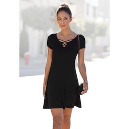Lascana Damen Lascana Sommerkleid &raquo;mit Zierb&auml;ndern am Ausschnitt, Kurzarmkleid&laquo; Ohne Taschen Minikleid mit Stretch, Strandkleid, leichtes Jerseykleid,