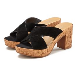 Lascana Damen Lascana Pantolette &raquo;Sommerschuh, offener Schuh, Sandalette, Mule,&laquo; aus Leder mit Blockabsatz in Kork-Optik schwarz 40