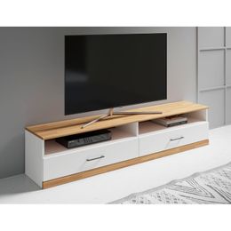 OTTO home Lowboard &raquo;Ribe,140cm breit,38cm hoch mit 2 Klappen,Oberplatte aus Massivholz&laquo; Oberplatte Eiche massiv,schwarze Metall Griffe wei&szlig; B/H/T: 