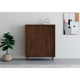 OTTO home Highboard &raquo;Malmedy Front mit gefr&auml;sten Rillen&laquo; Kommode Midischrank aus massivem Kiefernholz, Push-to-open, B 100 cm braun FSC -