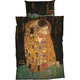 Goebel Bettw&auml;sche &raquo;Kuss&laquo; 2 Stk. mit Klimt Gem&auml;lde schwarz Satin, Obermaterial: 100% Baumwolle B/L: 135cm x 200cm, 1 Stk., 1 Stk., Satin, B/L: 80cm x 80cm, 2 