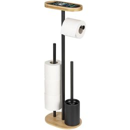 Wenko WC-Garnitur &raquo;Pomarolo&laquo; aus Bambus Stahl 4 in 1, mit WC-B&uuml;rste, Rollenhalter, Ersatzrollenhalter und Ablage schwarz Bambus, Stahl Einheitsgr&ouml;&szlig;e