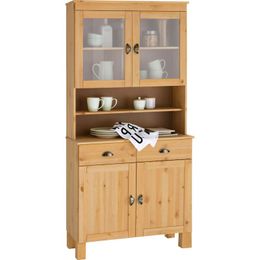 Home Affaire K&uuml;chenbuffet &raquo;Oslo&laquo; 85 cm breit, aus massiver Kiefer, mit 2 Glast&uuml;ren, Metallgriffe beige Massivholz Beize/Wachs, B/H/T: 85cm x 185cm x 