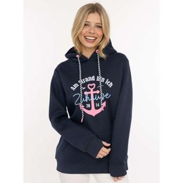 Zwillingsherz Damen Hoodie &raquo;"Beach Home"&laquo;, Motiv &bdquo;Am Strand bin ich zu Hause&ldquo;, Anker, Kapuze mit Kordel blau L