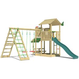 Jungle Gym Spielturm &raquo;Veranda&laquo; Spielanlage mit Schaukel, Kletterbock und Rutsche mit Wasseranschluss gr&uuml;n Holzwerkstoff Einheitsgr&ouml;&szlig;e