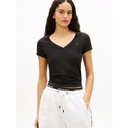 Tommy Jeans Damen Kurzarmshirt &raquo;TJW SLIM V-NECK TEE&laquo; mit Logo-Stickerei schwarz XL