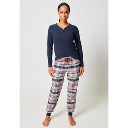 Skiny Damen Pyjama &raquo;Night In Flanell&laquo; 2 tlg. elastischer Bund, Bindeband, Oberteil mit Kn&ouml;pfen, lang&auml;rmelig blau 40