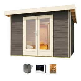 Konifera Saunahaus &raquo;Maiko 1 SET B&laquo; terragrau, mit Ofen 9 kW Bio externer Steuerung grau Bio-Ofen, externe Steuerung, 9 kW