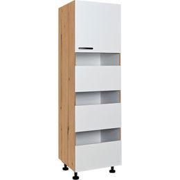 Express K&uuml;chen Vorratsschrank &raquo;ARTA&laquo; vormontiert wei&szlig; Holzwerkstoff eichefarben astig, B/H/T: 60cm x 207cm x 58cm, Schubladen: 3 Stk. T&uuml;ren: 1 Stk. T&uuml;ranschlag 