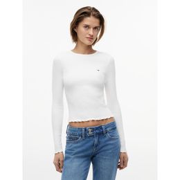 Tommy Jeans Damen Langarmshirt &raquo;TJW SLIM SH LETTUCE EDGE RIB LS&laquo; mit gerippter Struktur, gewellter Saum wei&szlig; XS (34)