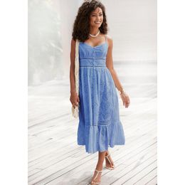 Buffalo Damen Midikleid &raquo;mit hochwertiger Lochstickerei&laquo; Ohne Taschen luftiges Sommerkleid aus Baumwolle, Spaghettikleid,Boho-Kleid, elegant blau 44, 