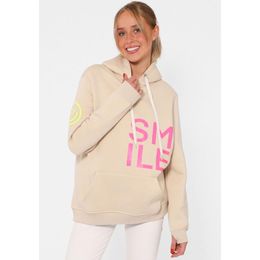 Zwillingsherz Damen Hoodie &raquo;"Alissa"&laquo;, Langarm, Kapuze, Neon-Details, Kordelzug, Frontprint, K&auml;ngurutasche beige L/XL
