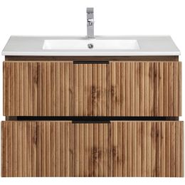 Welltime Waschtisch &raquo;Trento Badezimmerschrank mit Becken&laquo; Badm&ouml;bel in Breite 80 cm , Waschplatz mit 2 Schubladen, Badschrank braun Becken wei&szlig; eckig, 