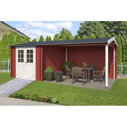 Lasita Maja Gartenhaus &raquo;Ivana&laquo; Blockbohlenhaus 28mm mit Anbau rot Massivholz ohne Fu&szlig;boden, R&uuml;ckwand, ohne Dacheindeckung