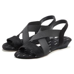 Vivance Damen Sandalette &raquo;Sommerschuh, offener Schuh, Sandale,&laquo; mit elastischen Riemchen und Keilabsatz VEGAN schwarz 36