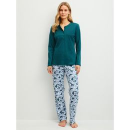 Calida Damen Calida Schlafanzug &raquo;Midnight Flowers&laquo; 2 mit Rundhalsausschnitt und Knopleiste gr&uuml;n M (44/46)