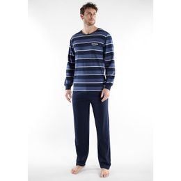 Tom Tailor Herren Tom Tailor Schlafanzug &raquo;Rhodos&laquo; 2 tlg. Langarm, Rundhalsausschnitt, gestreift, basic, Baumwolle blau 58 (XXXL)