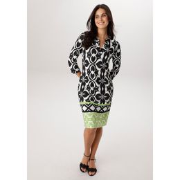 Aniston Selected Damen Aniston SELECTED Jerseykleid mit gemusterter Bord&uuml;re und gr&uuml;nem Kontrast am Saum bunt 44, N-Gr