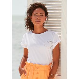 Lascana Damen Lascana T-Shirt mit gl&auml;nzendem Print, Kurzarmshirt aus Baumwolle wei&szlig; 36/38