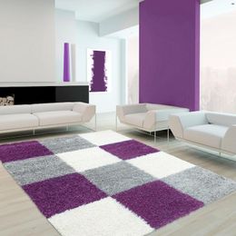 Ayyildiz Teppiche Hochflor-Teppich &raquo;Life Shaggy 1501&laquo; rechteckig 30 mm H&ouml;he Langflor, robust, Karo, Wohnzimmer lila Kunstfaser B : 80cm 1 Stk., 30mm, L: 150cm