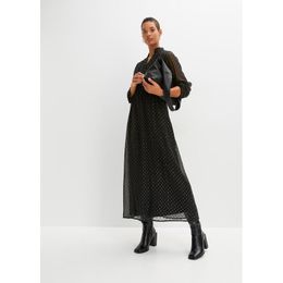 bonprix Damen bonprix Maxikleid mit Knopfleiste, aus Polyesterfutter, ausgestellte Passform schwarz 52, N-Gr
