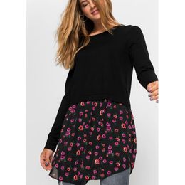 bonprix Damen bonprix 2-in-1-Pullover &raquo;Feinstrickpullover mit Rockansatz&laquo; im Materialmix, mit gebl&uuml;mten Rockansatz, bequem schwarz 40/42 (M)