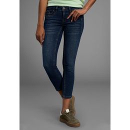 Arizona Damen 7/8-Jeans &raquo;mit Keileins&auml;tzen&laquo; extra-enger Schnitt, Used-Look-Waschung, niedrige Leibh&ouml;he blau 34, N-Gr