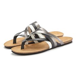 Lascana Damen Lascana Zehentrenner &raquo;Sommerschuh, offener Schuh, Pantolette, Sandale,&laquo; aus Leder mit Korkfu&szlig;bett silber 37