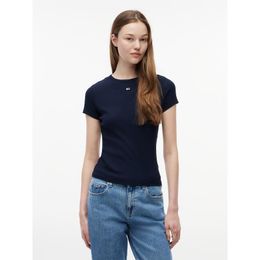 Tommy Jeans Damen Kurzarmshirt &raquo;TJW ESSENTIAL RIB SHORT SLEEVE EXT&laquo; Baumwollmischung in gerippter Struktur, Slim Fit blau L (40)