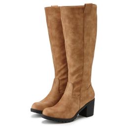 Lascana Damen Lascana Weitschaftstiefel Stiefel, Stiefelette, langer Stiefel, Blockabsatz, Cowboy Stil VEGAN braun 39, Normalschaft