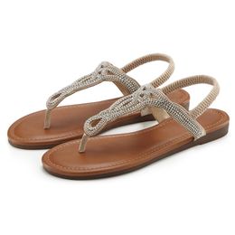 Lascana Damen Lascana Zehentrenner &raquo;Sommerschuh, offener Schuh,&laquo; Sandale, Pantolette mit Schmucksteinen in Glitzer-Optik VEGAN beige 35